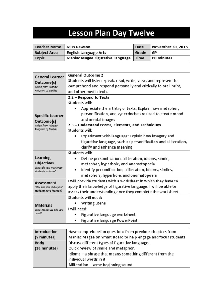 Figurative Language Lesson Plan for 6P | PDF | Cognitive Science ...