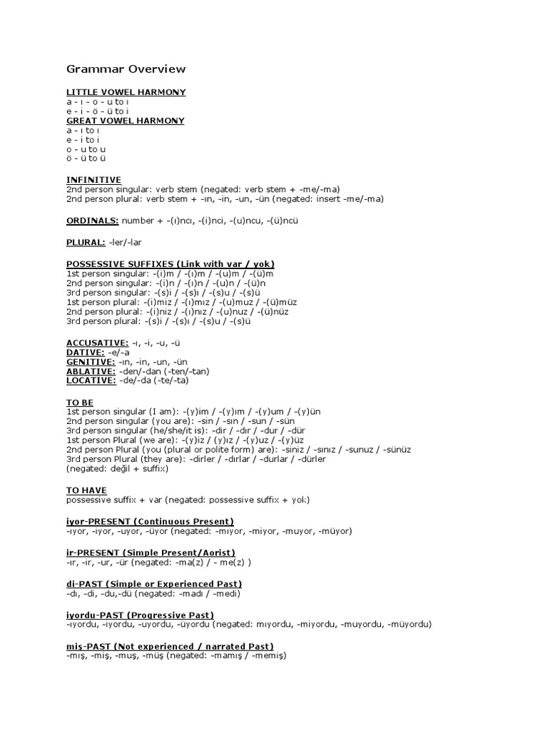 Grammar Overview Turkish | PDF