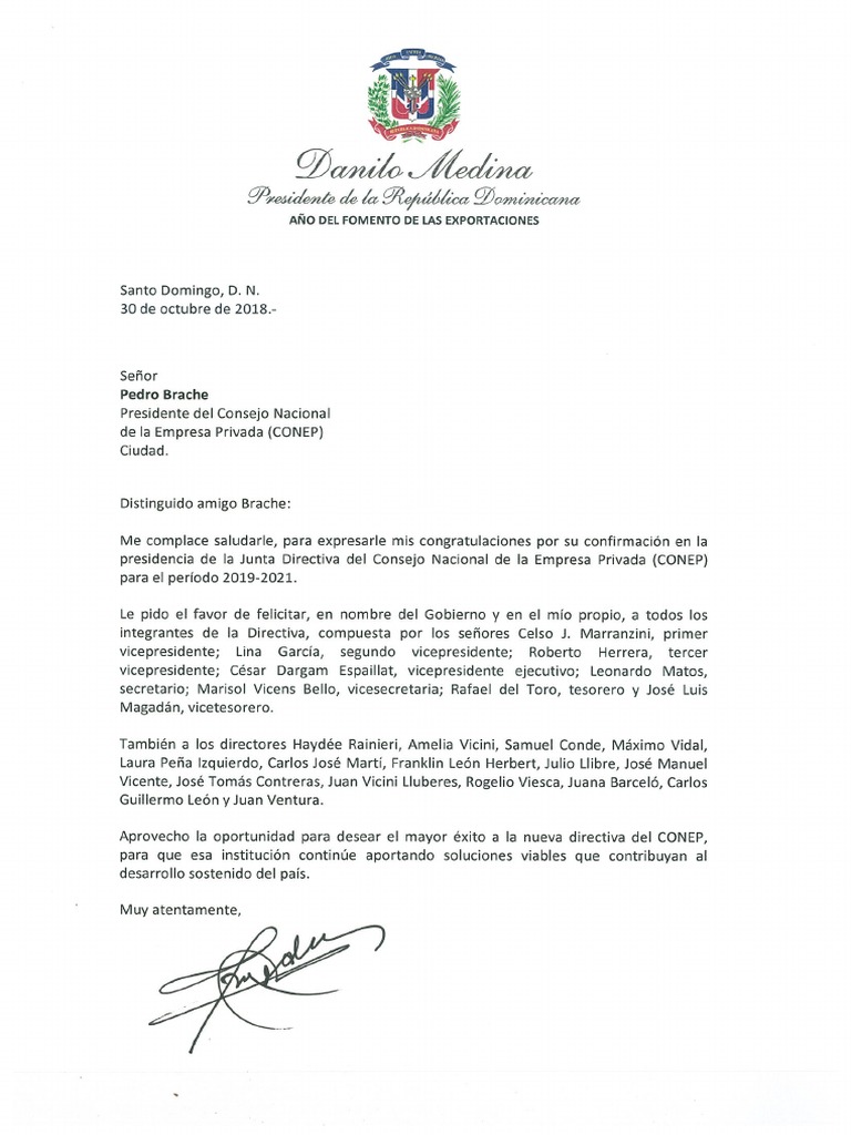 Carta de Felicitación Del Presidente Danilo Medina A Pedro Brache Por ...