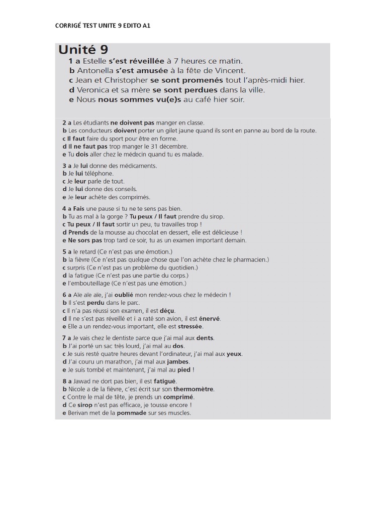 Corrigé Test Unité 9 Edito A1 | PDF
