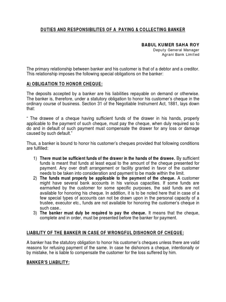 Duties of Paying & Collecting Bankers | PDF | Cheque | Banks