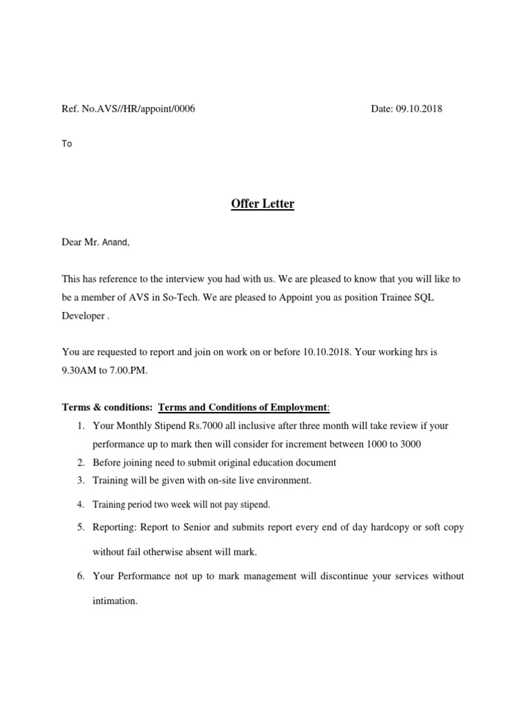 Offer Letter: Terms & Conditions: Terms and Conditions of Employment ...