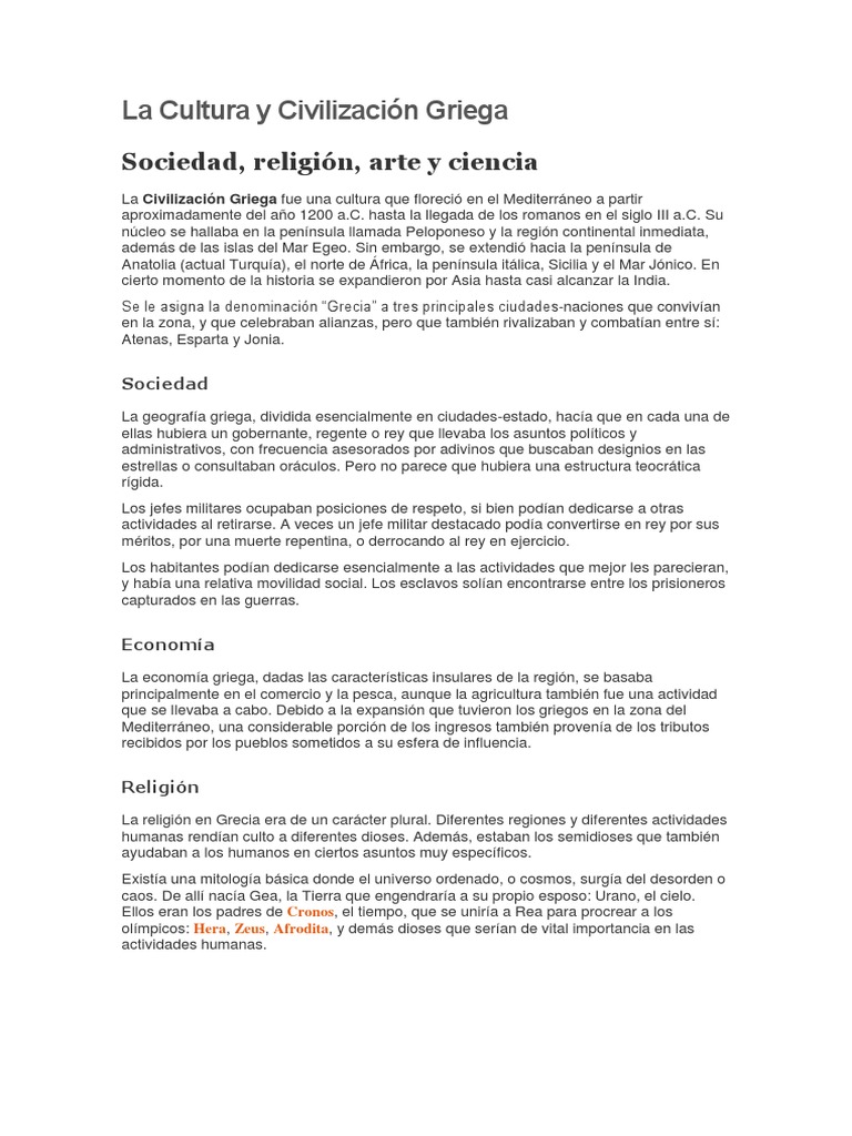 Resumen Cultura Griega Hge 1° | PDF | Antigua Grecia | Cultura (general)