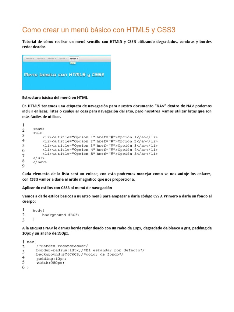 Como Crear Un Menú Básico Con HTML5 y CSS3 | PDF | Hojas de estilo en cascada | HTML