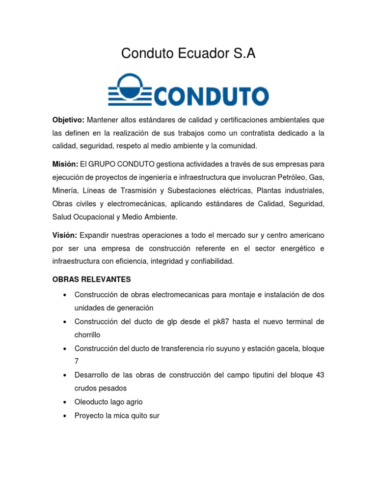 Conduto Ecuador S.A: Proyectos e Infraestructura | PDF | Ecuador ...