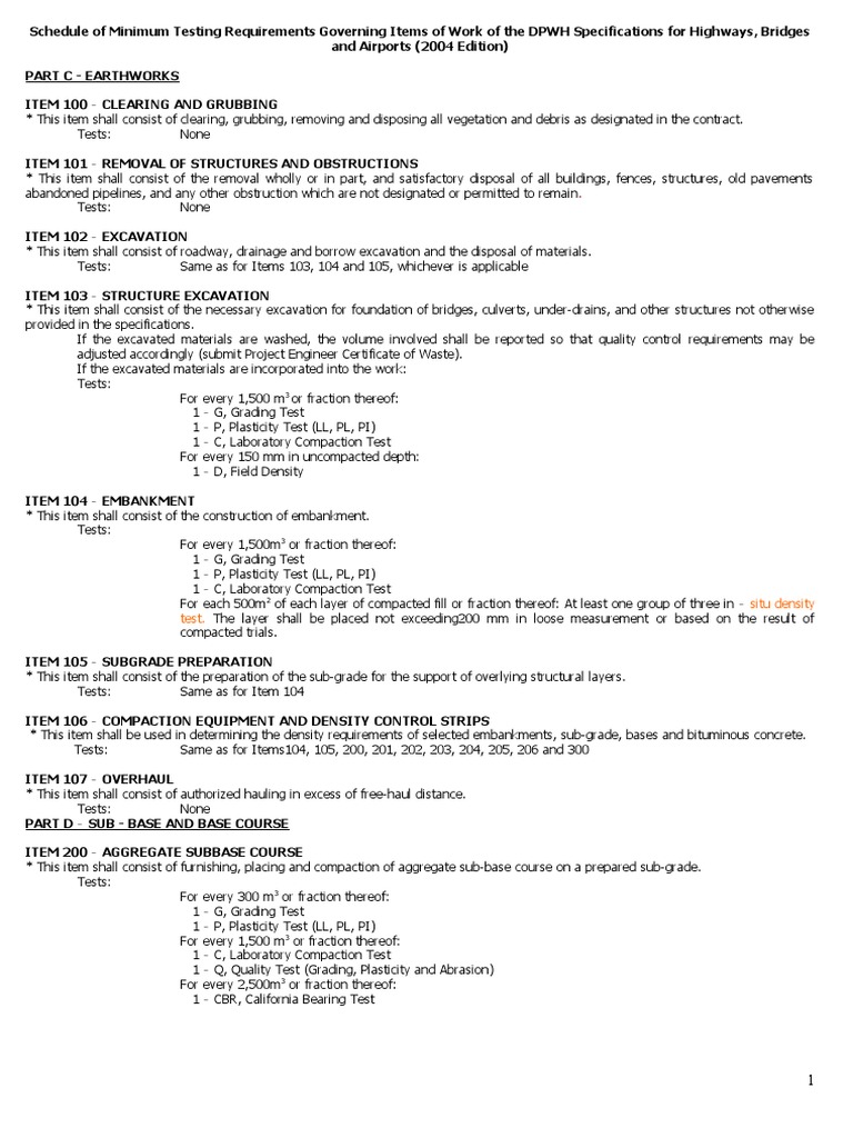 DPWH Matl Min Test Req | PDF | Asphalt | Concrete