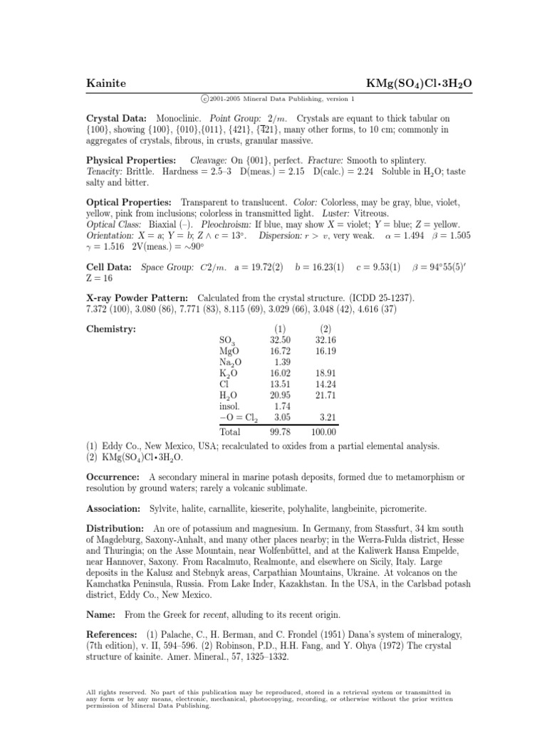 Kainite KMG (So) CL 3H O: Crystal Data | PDF | Mineralogy | Minerals