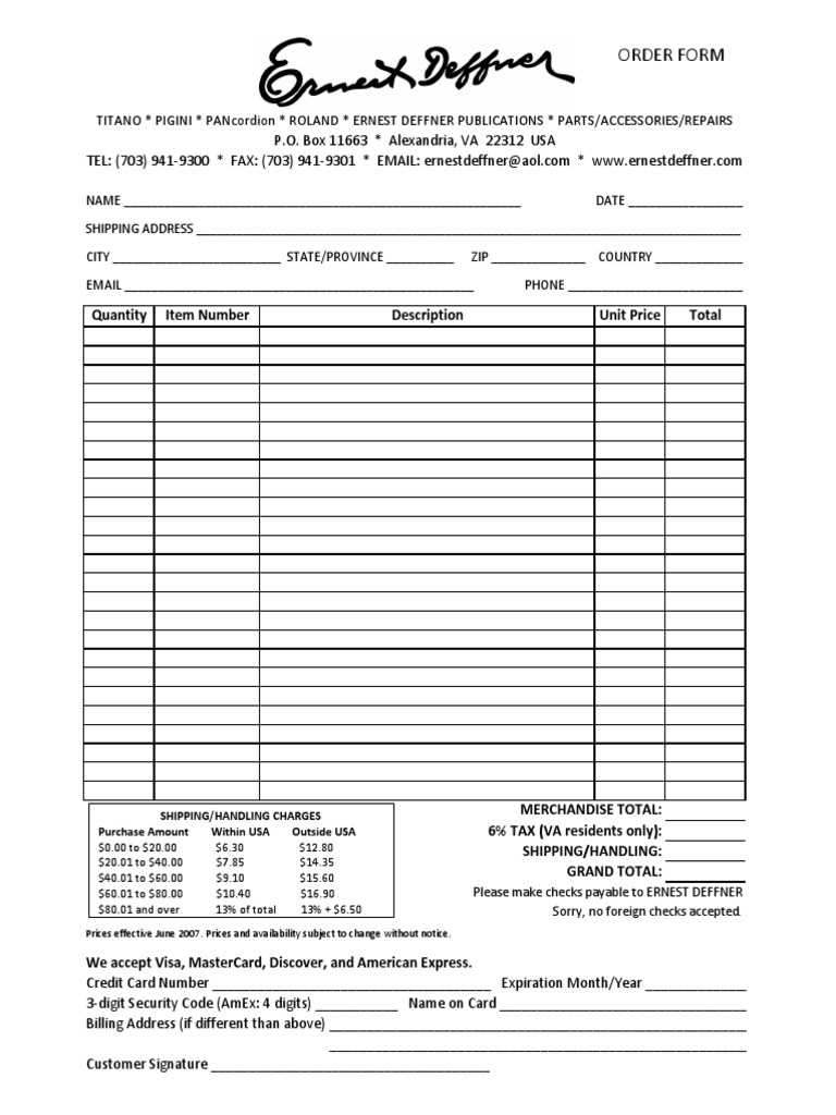 Busso Music & Ernest Deffner Merchandise Order Form | PDF