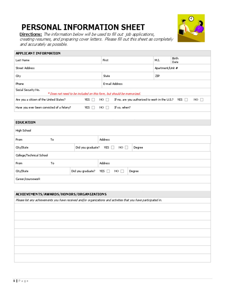 Basic Personal Information Sheet | Employment | Business