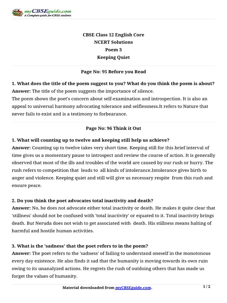 12 English Core Ncert Flamingo Poerty Ch03 Keeping Quiet Ques | PDF