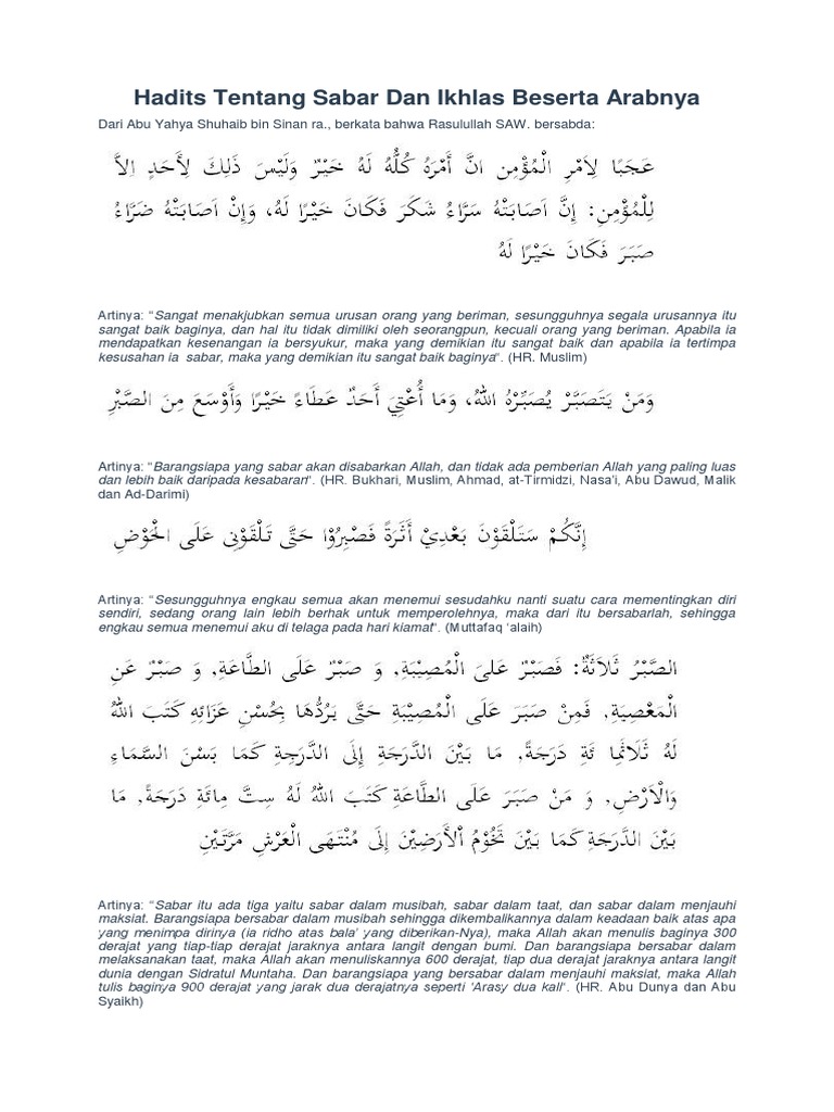 Hadits Tentang Sabar Dan Ikhlas Beserta Arabnya | PDF