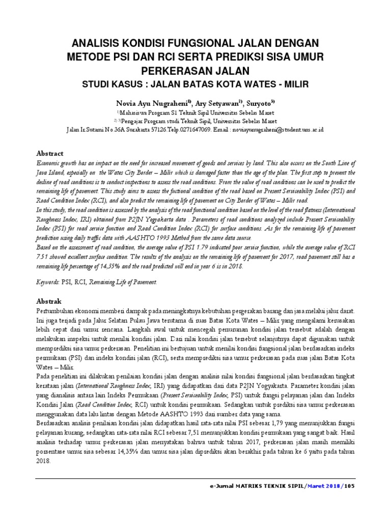 Analisis Kondisi Fungsional Jalan Dengan Metode Psi Dan Rci Serta Prediksi Sisa Umur Perkerasan ...