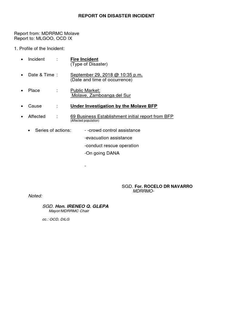 Report On Disaster Incident: Noted: Sgd. Hon. Ireneo Q. Glepa | PDF
