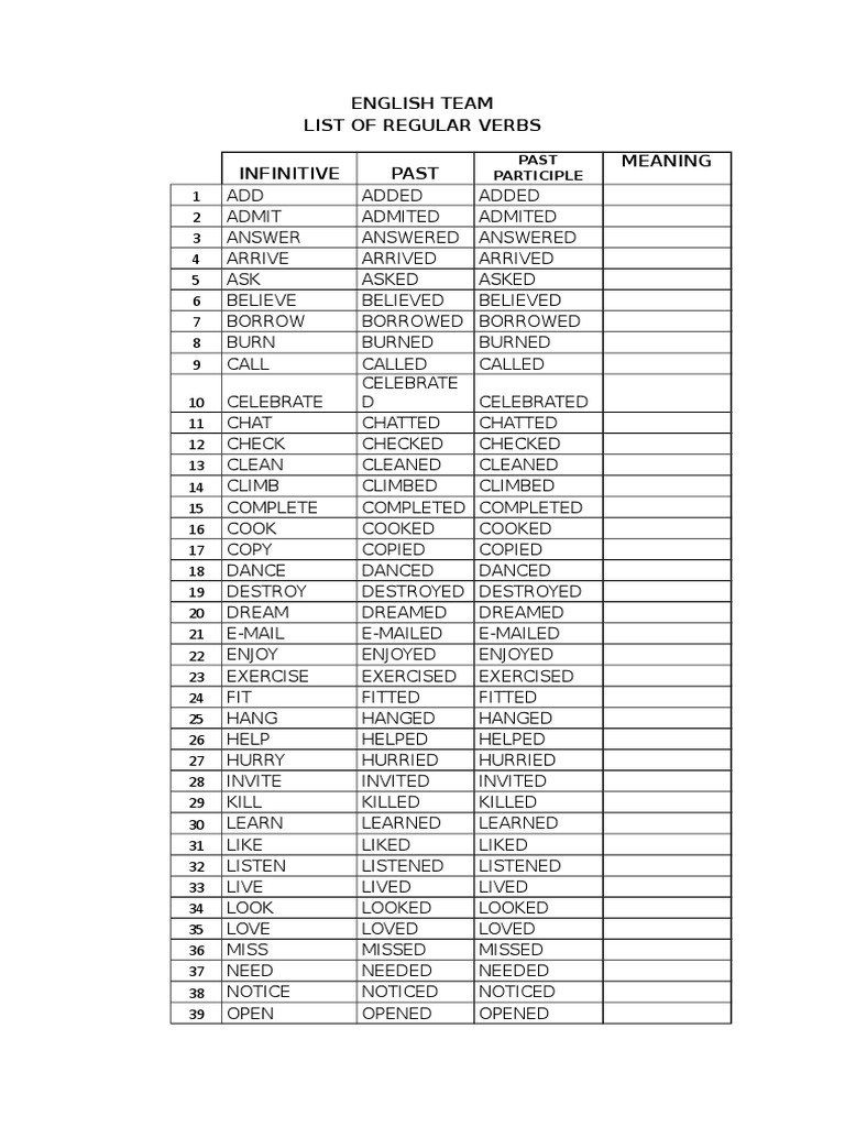 Regular Verb List | PDF | Grammar | Syntax
