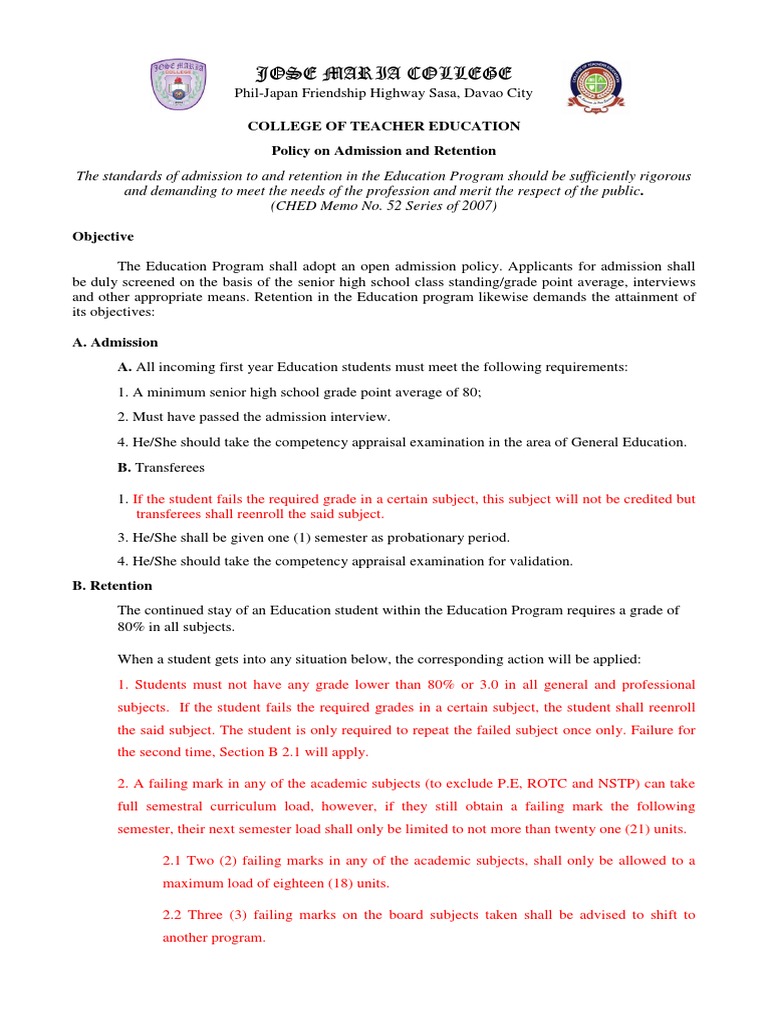 Retention Policy | PDF | University And College Admission | Students