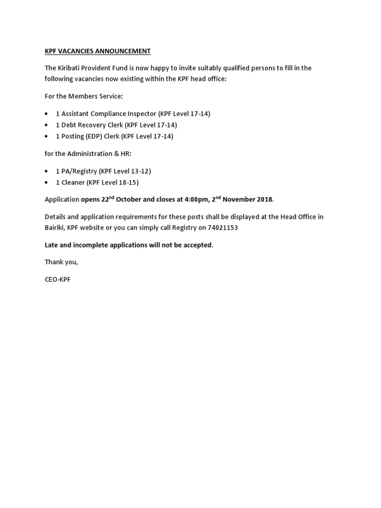 KPF Job Vacancies Announcement 2018 | PDF | Business | Law