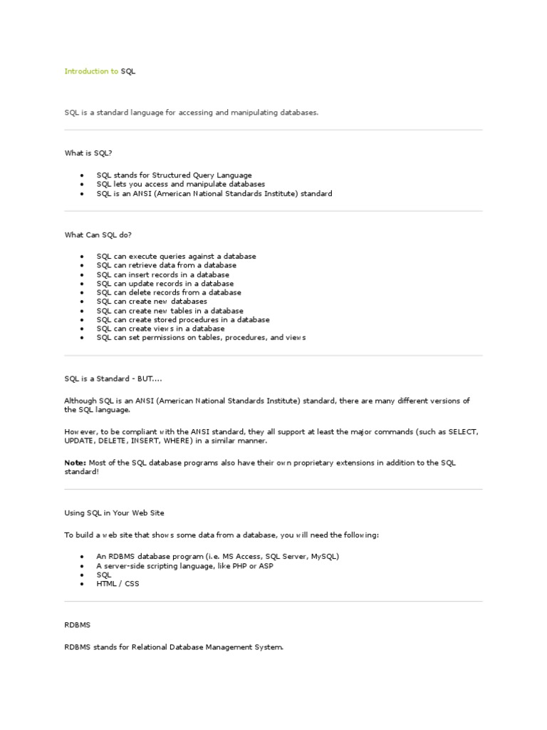 SQL Is A Standard Language For Accessing and Manipulating Databases | PDF | Relational Database ...