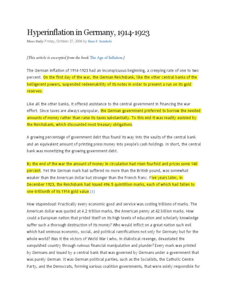 Hyperinflation in Germany, 1914-1923: (This Article Is Excerpted From ...