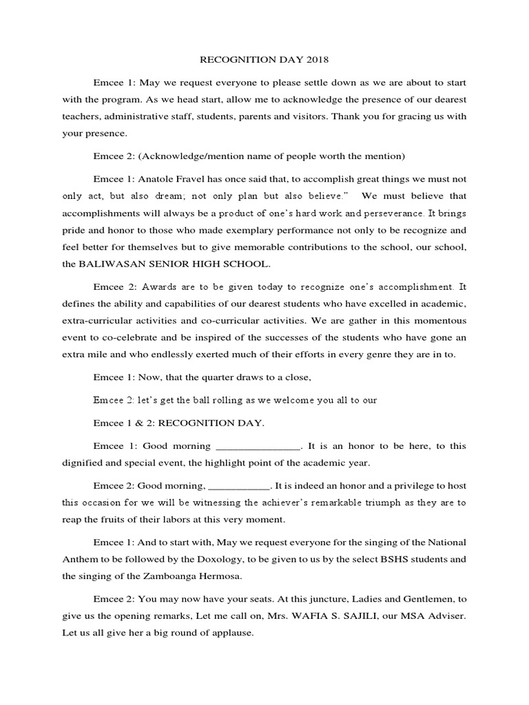 Script For The Recognition Day | PDF | Music Performance | Lyrics