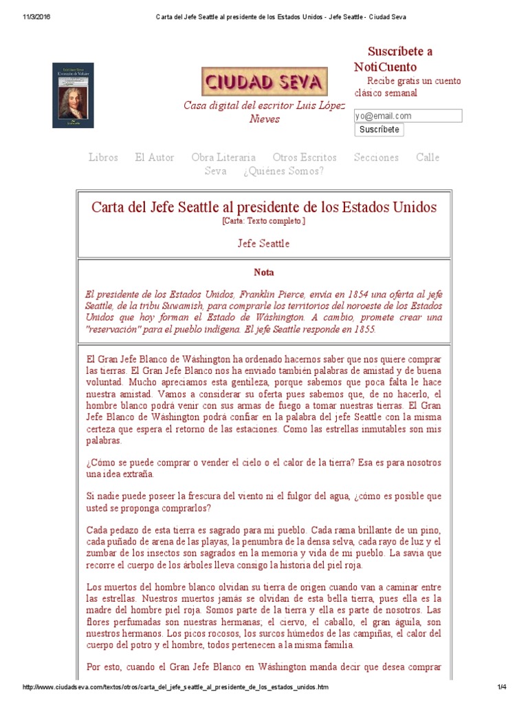 Carta Del Jefe Seattle Al Presidente de Los Estados Unidos - Jefe ...