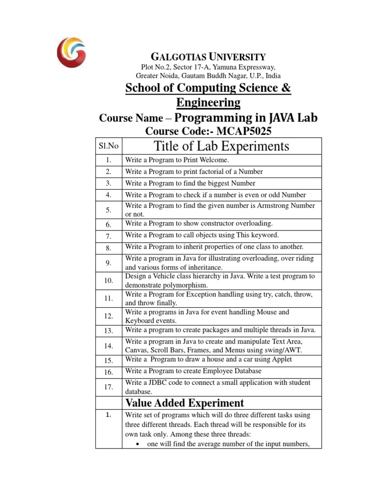 Title of Lab Experiments: School of Computing Science & Engineering ...