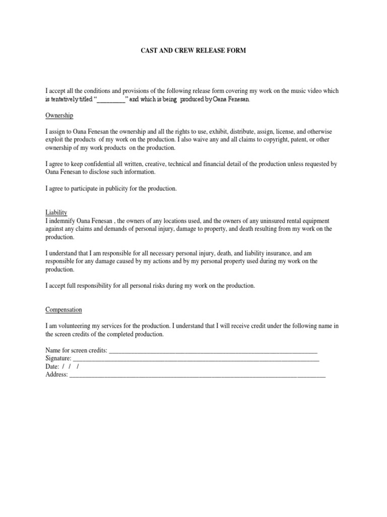 Cast and Crew Release Form | PDF