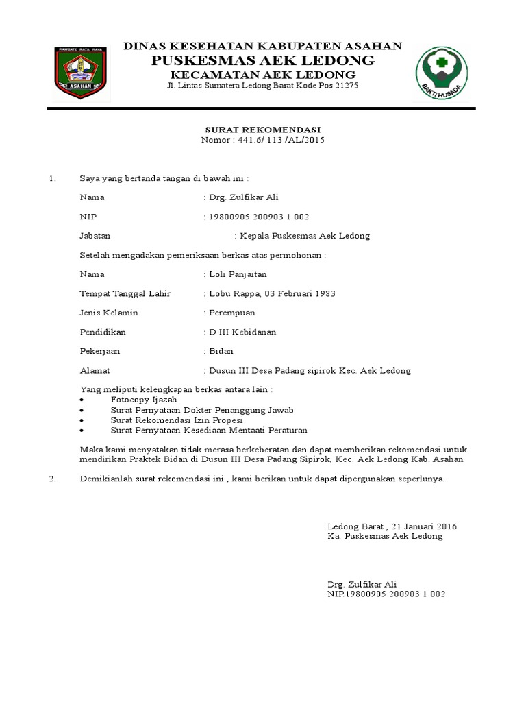 Surat Rekomendasi Bidan | PDF