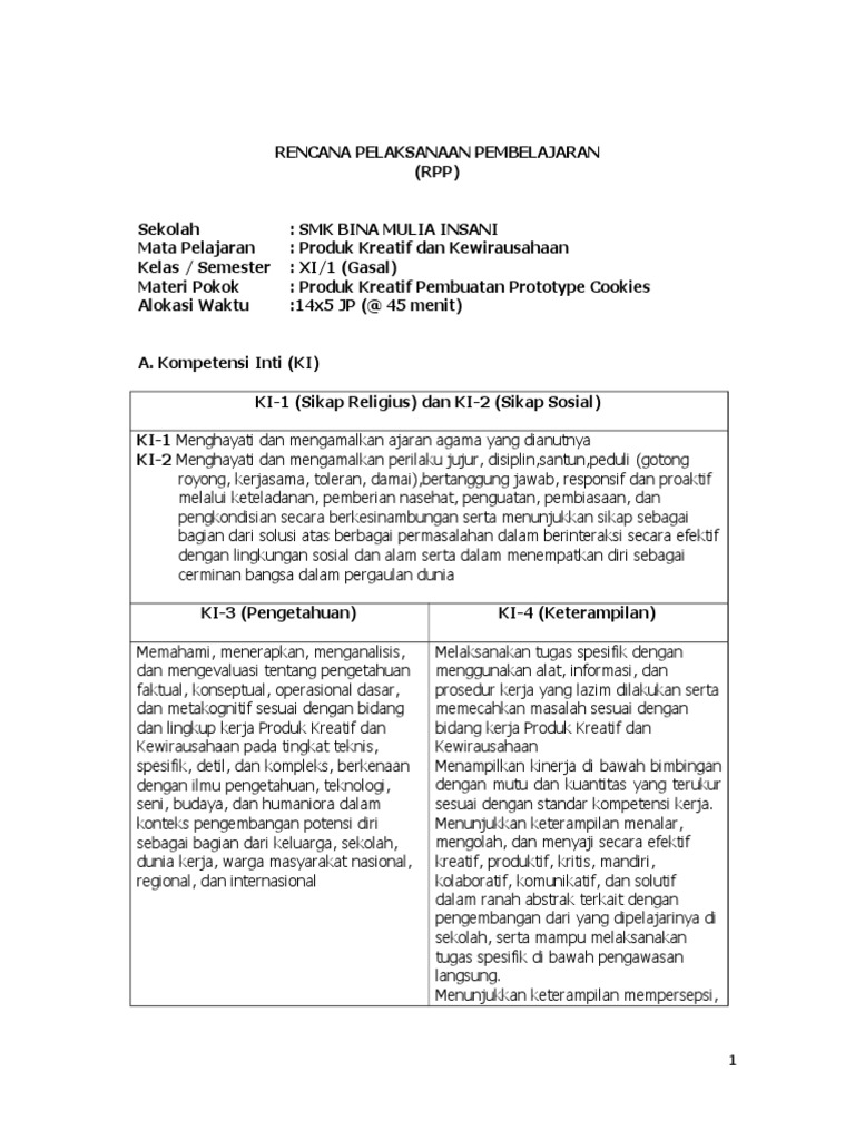 Contoh RPP Produk Kreatif-1 Semester-1 | PDF