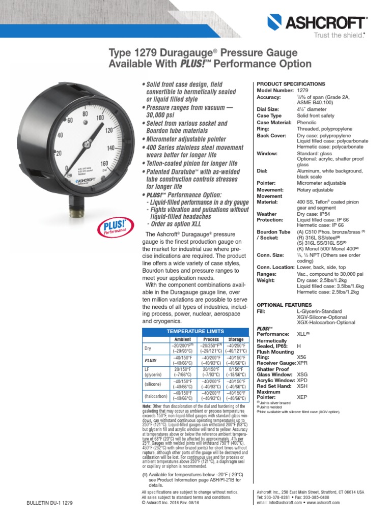 Ashcroft 1279 Duragauge Pressure Gauge PDF | PDF | Pressure Measurement ...