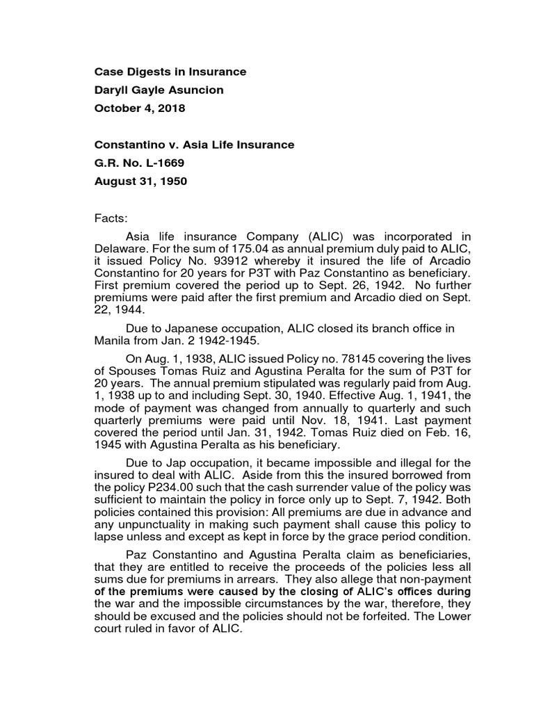 Case Digests in Insurance Daryll Gayle Asuncion October 4, 2018 | PDF | Mortgage Law | Insurance