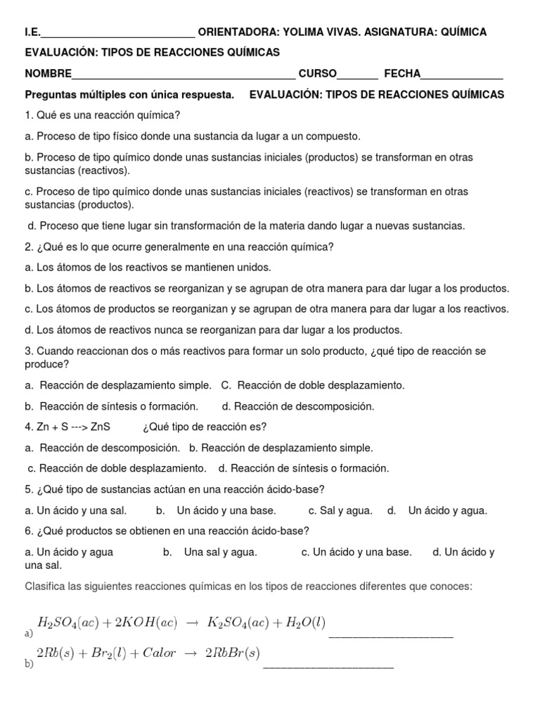 Hoja De Trabajo Para Clasificar Los Tipos De Reacciones Químicas
