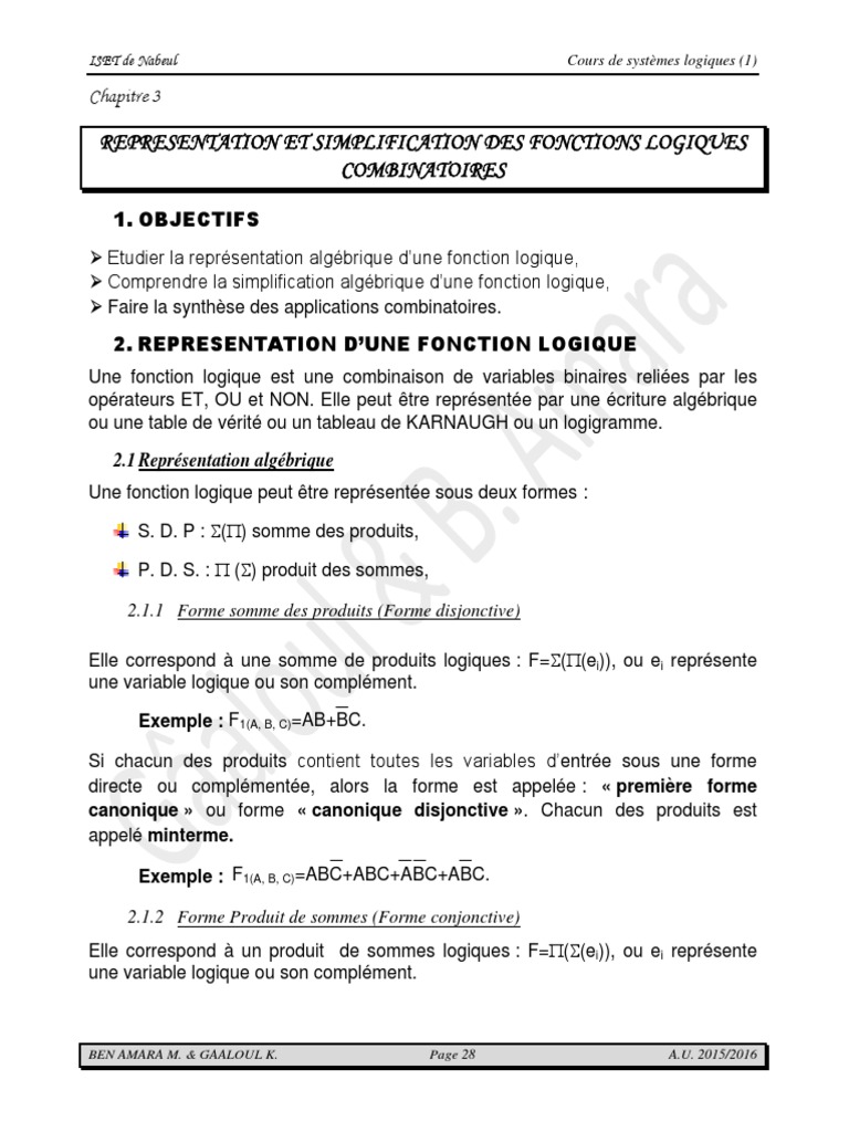 Chapitre 1 3 Representation Et Simplification Des Fonctions Logiques ...