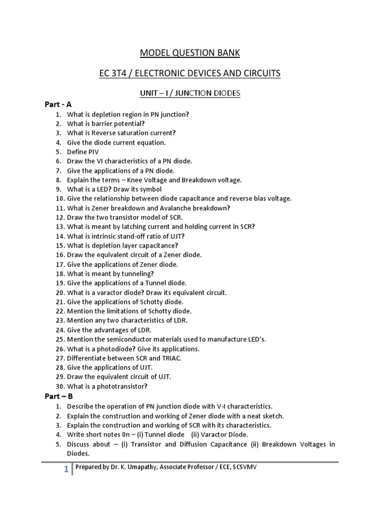 Model Question Bank Ec 3T4 / Electronic Devices and Circuits | Download ...