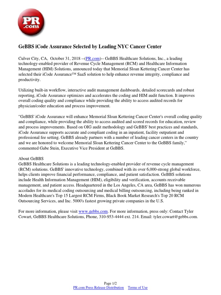 GeBBS Icode Assurance Selected by Leading NYC Cancer Center | PDF ...