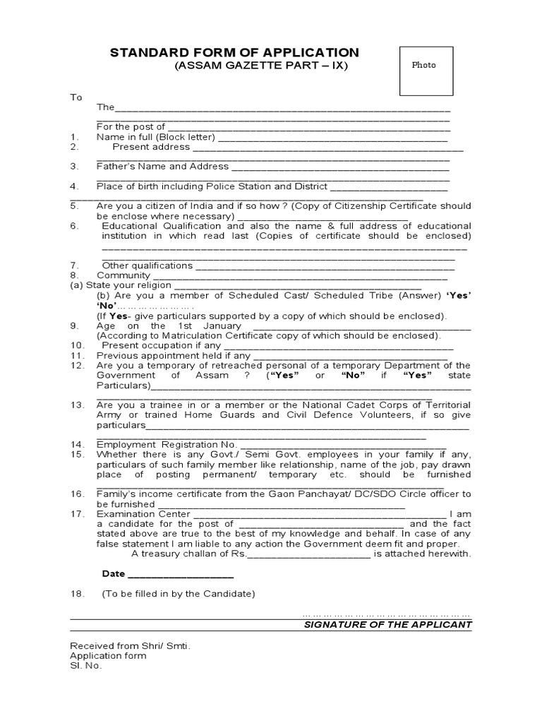 Standard Form of Application: (Assam Gazette Part - Ix) | Download Free ...