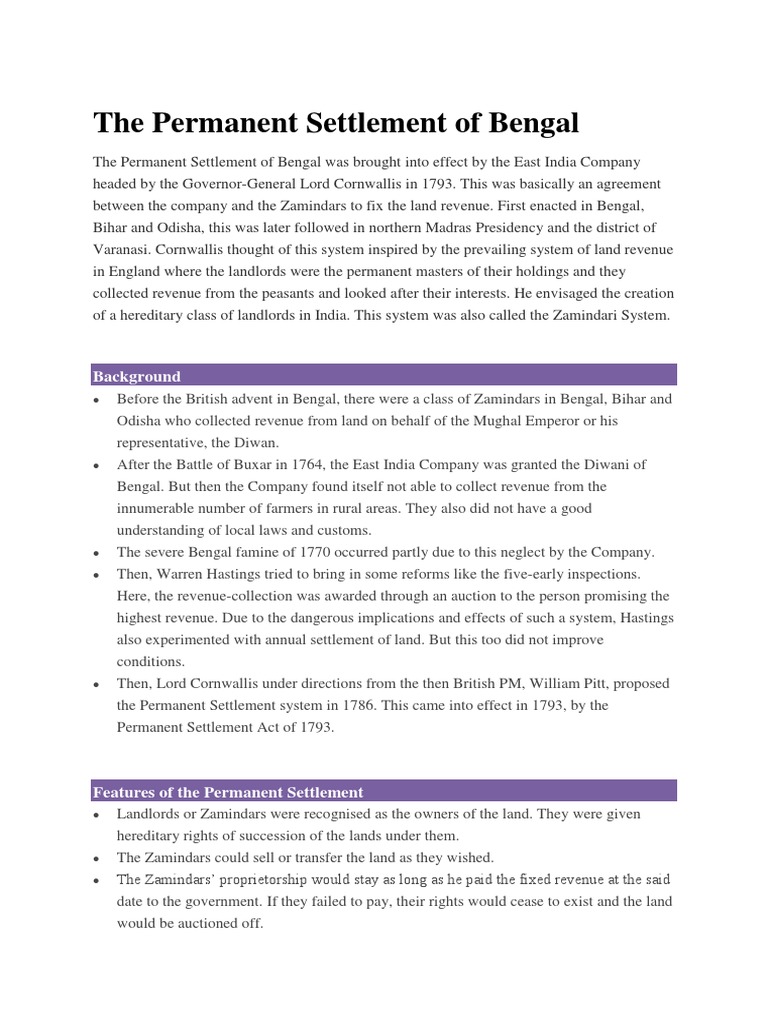 The Permanent Settlement of Bengal: Background | PDF | Indian Rebellion ...