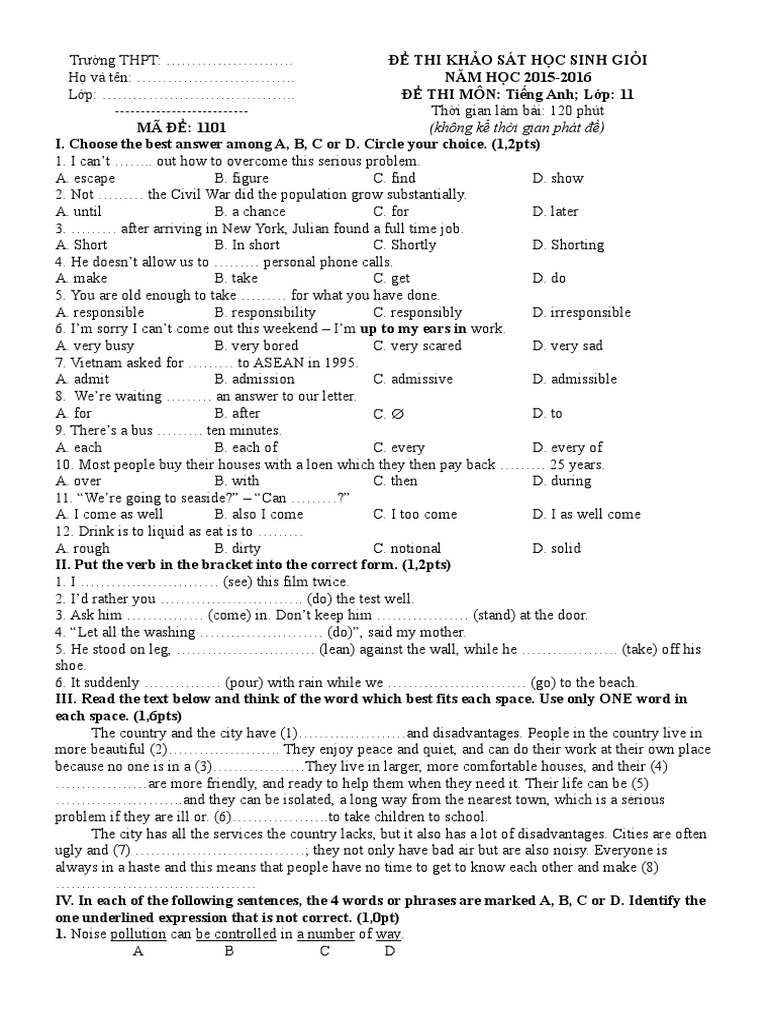 De Thi Khao Sat Hoc Sinh Gioi Tieng Anh 11 20152016 | PDF | Opinion Poll