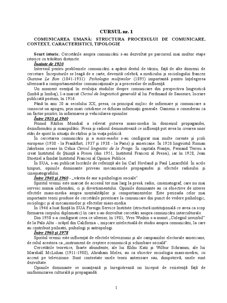 Cursul Nr. 1 - Comunicarea Umana - Structura, Context, Tipologie | PDF