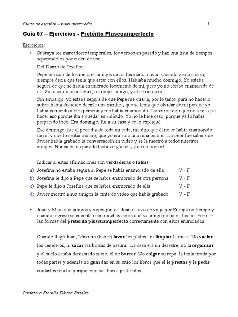 Ejercicios Pretérito Pluscuamperfecto | PDF | Ocio