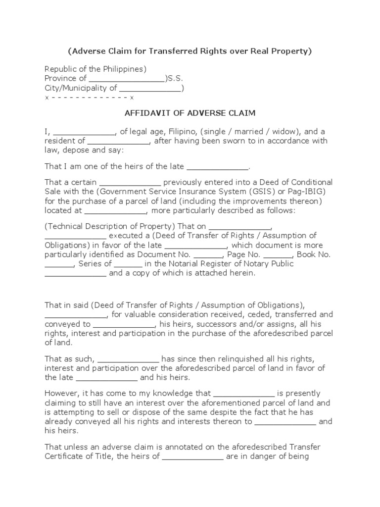 Affidavit of Adverse Claim on Land | PDF | Affidavit | Deed