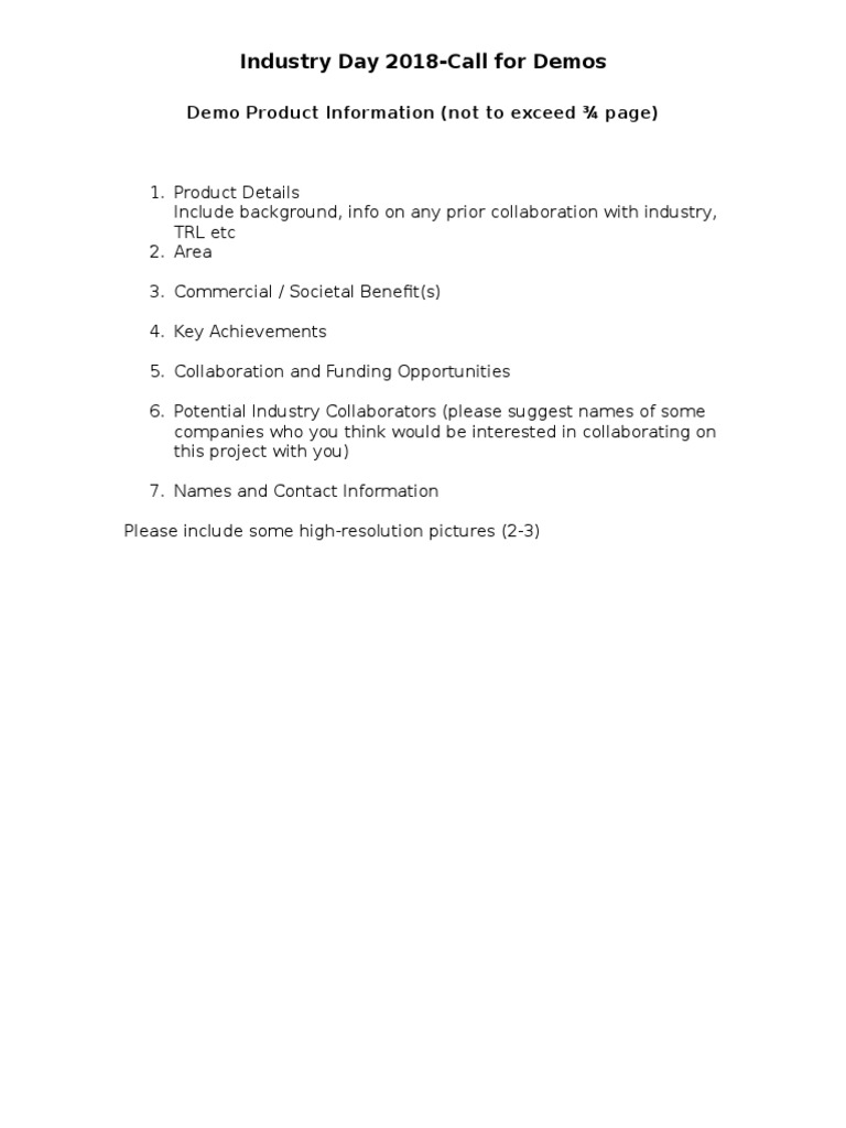 Industry Day 2018-Call For Demos: Demo Product Information (Not To Exceed Page) | PDF | Business