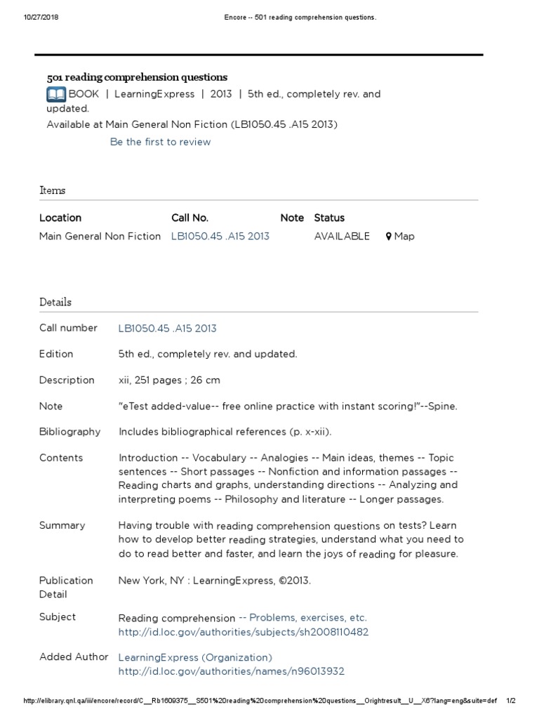 Encore - 501 Reading Comprehension Questions | PDF | Reading ...