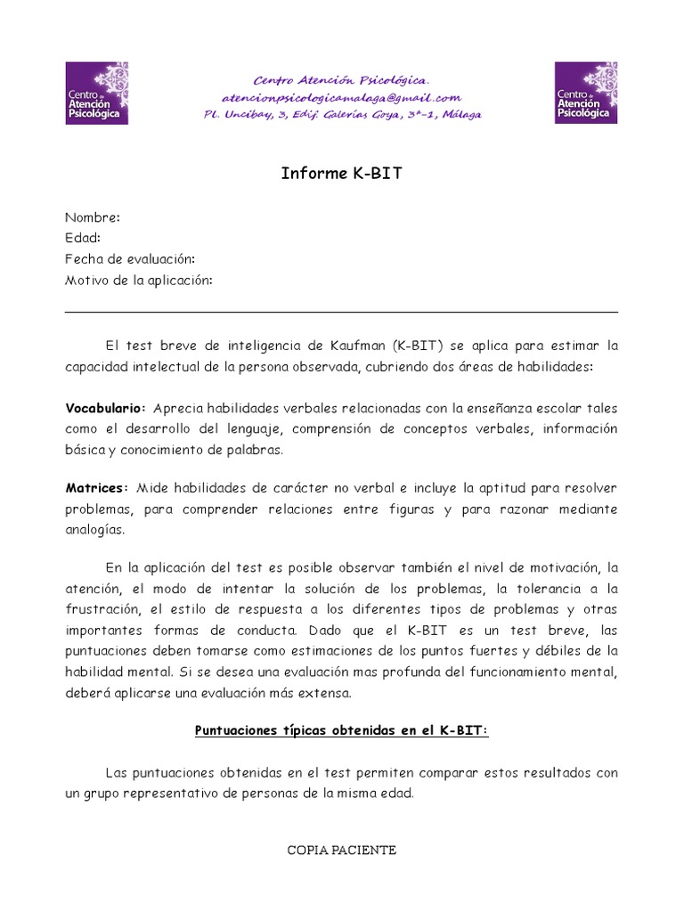 Informe de Evaluación K-BIT | PDF | Cociente de inteligencia | Aparición