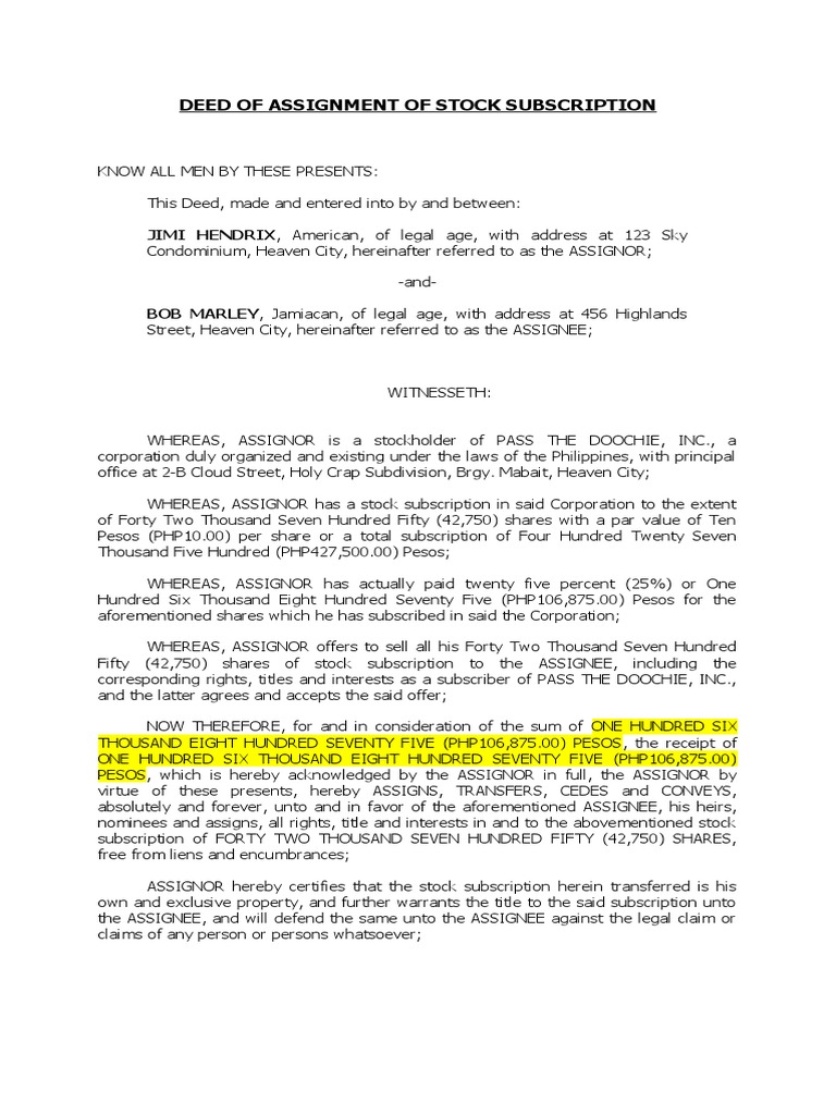 TEMPLATE - Deed of Assignment of Stock Subscription With Assumption of ...