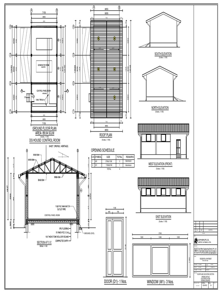 Elevation and floor plans for a control room and DG house with opening ...
