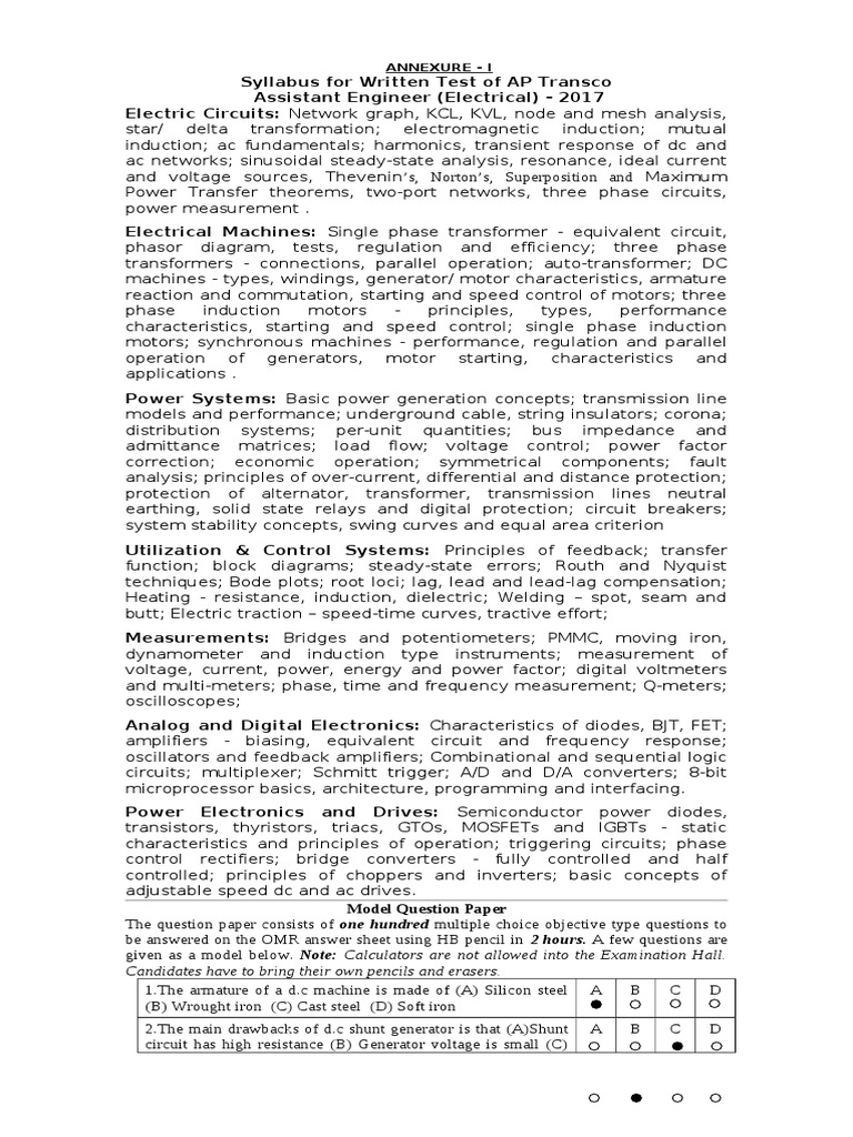 AP Transco AE Exam Syllabus & Sample Questions | PDF | Electronic ...