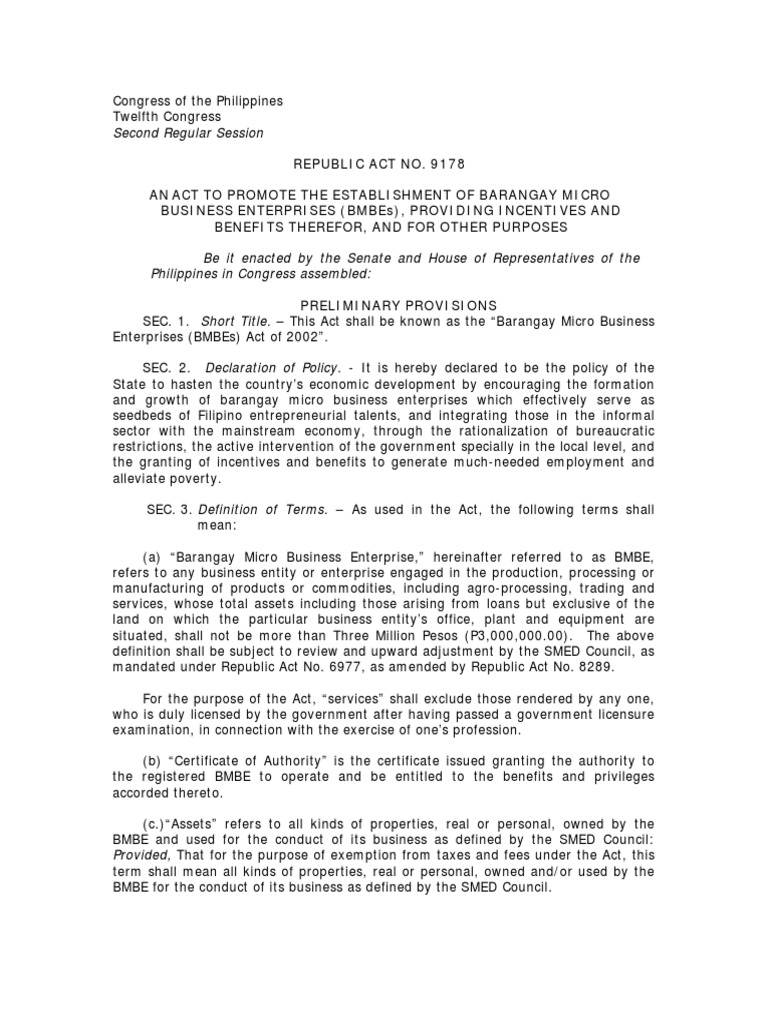 Ra 9178 | PDF | Licensure | Business