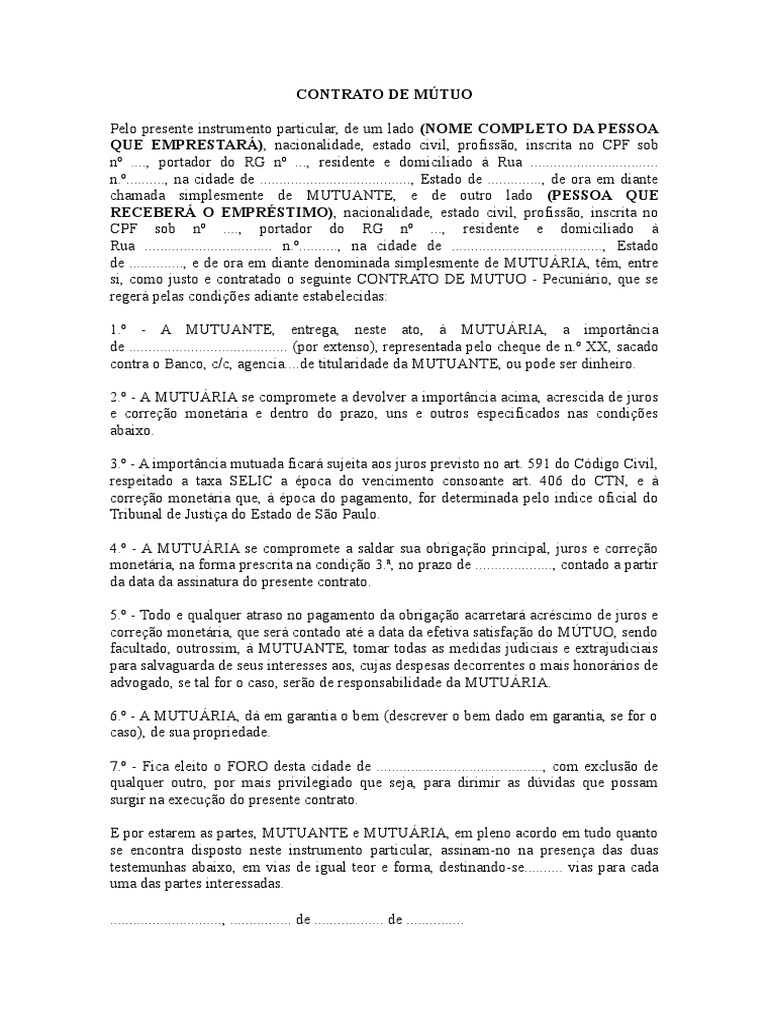 Modelos Contrato de Mútuo | PDF | Empréstimos | Juros