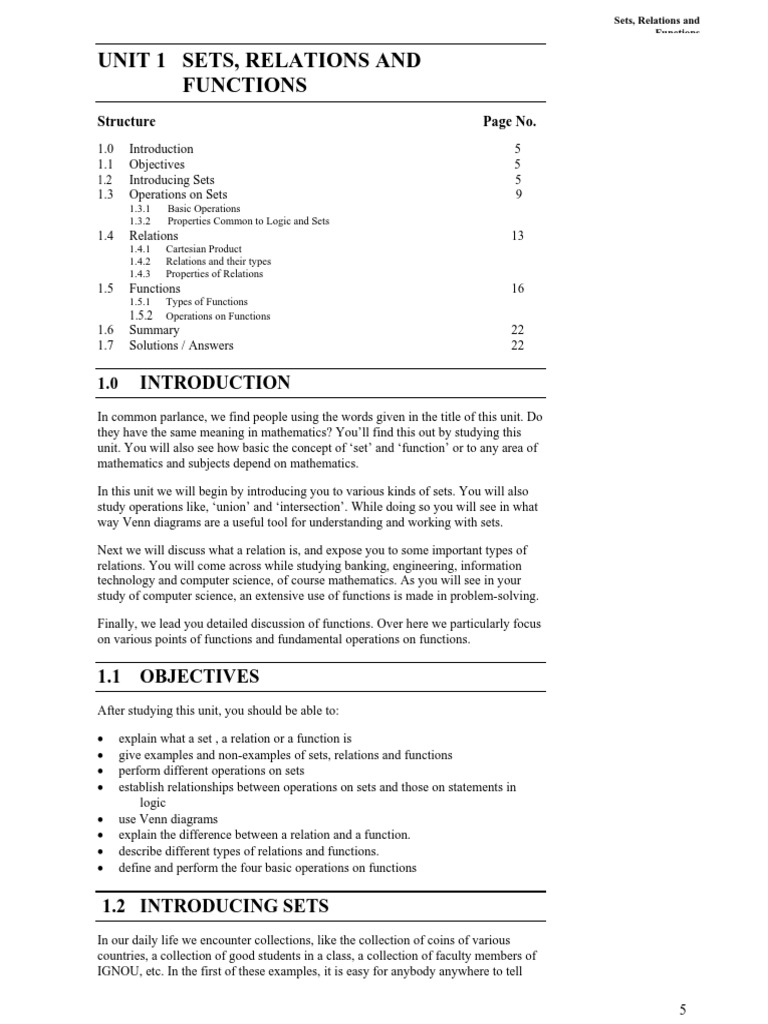 Unit 1 Sets, Relations and Functions: Structure Page No | PDF | Function (Mathematics) | Set ...