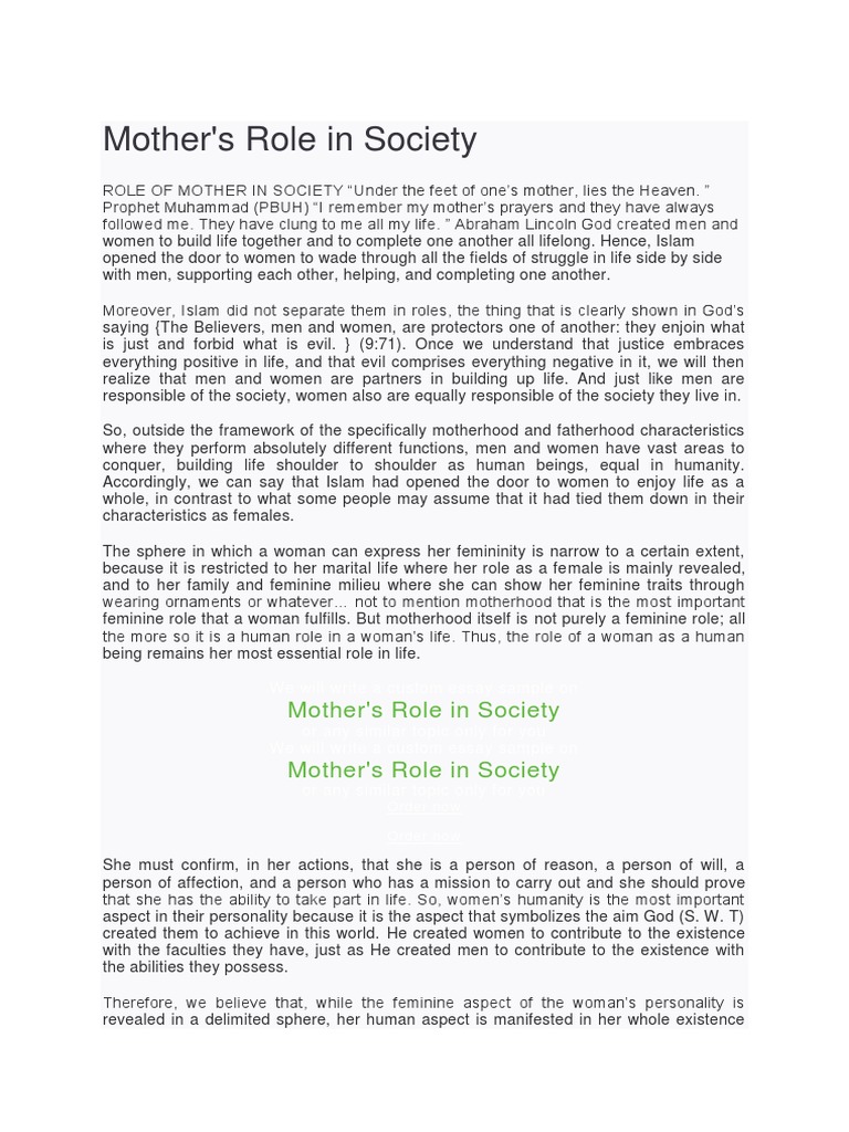 Mothers Role in Society | PDF | Femininity | Mother